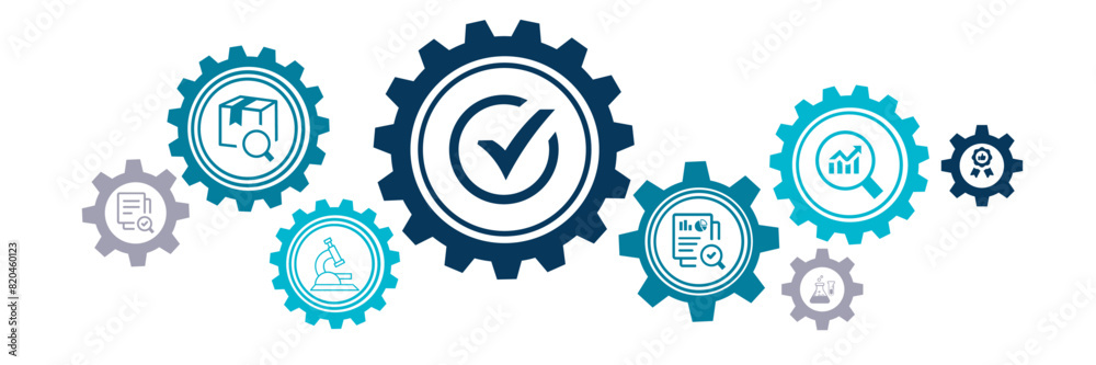 Quality management vector illustration. Blue concept with icons related ...