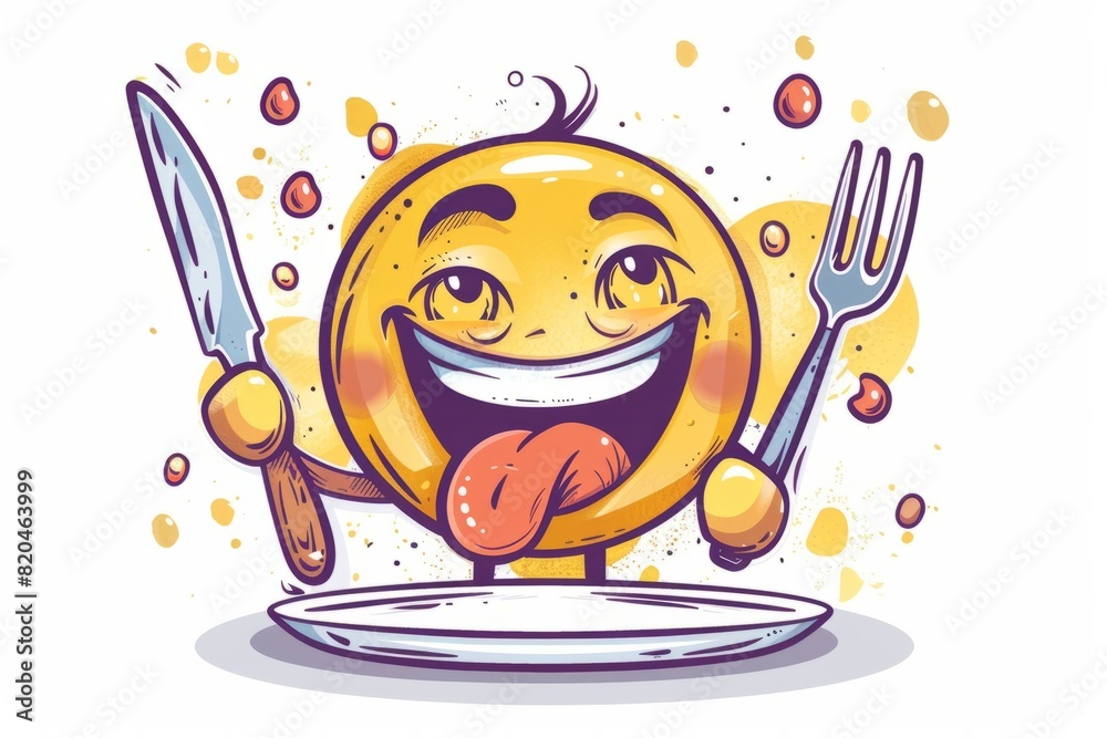 Cartoon cute doodles of a hungry emoji licking its lips and holding a ...