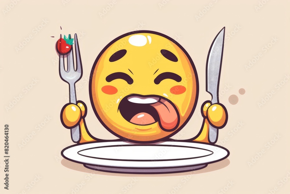 Cartoon cute doodles of a hungry emoji licking its lips and holding a knife and fork, Generative ...
