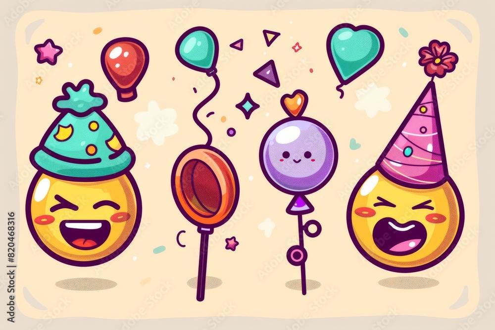 Cartoon cute doodles of a party emoji wearing a party hat and blowing a ...