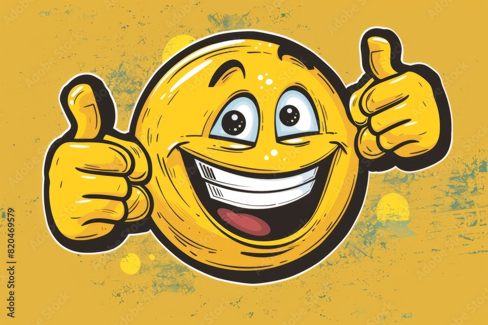 Cartoon cute doodles of a thumbs-up emoji giving a big smile and a ...