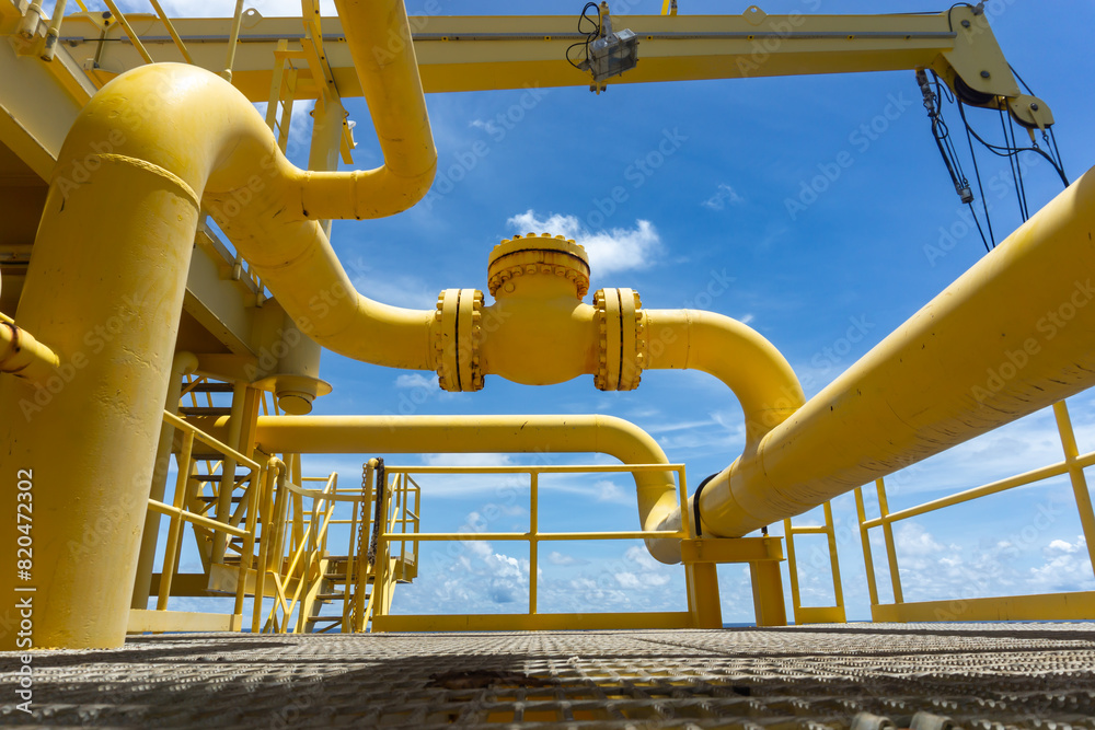 Oil and gas processing plant with pipe line valves.Steel pipelines and ...