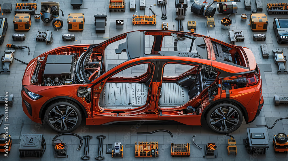 isometric diagram of a cutaway modern EV car showing all the components ...