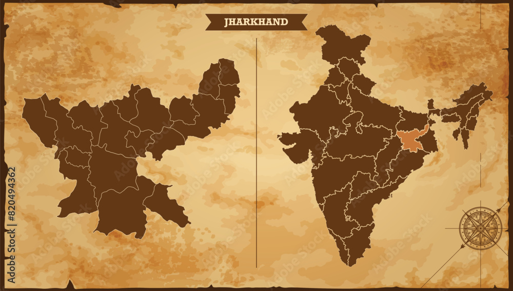 Poster Jharkhand state map, India map with federal states in A vintage ...