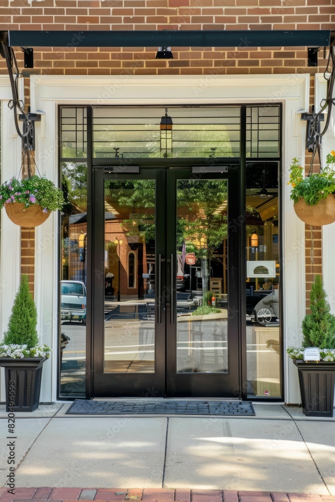 A real estate company's storefront, with elegant signage and inviting ...