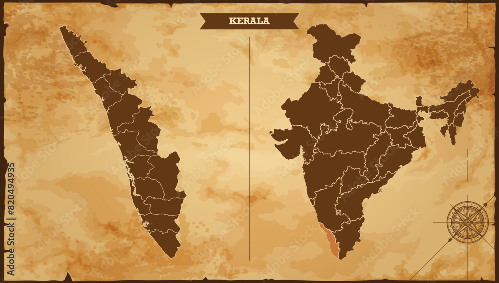 Kerala state map, India map with federal states in A vintage map based ...