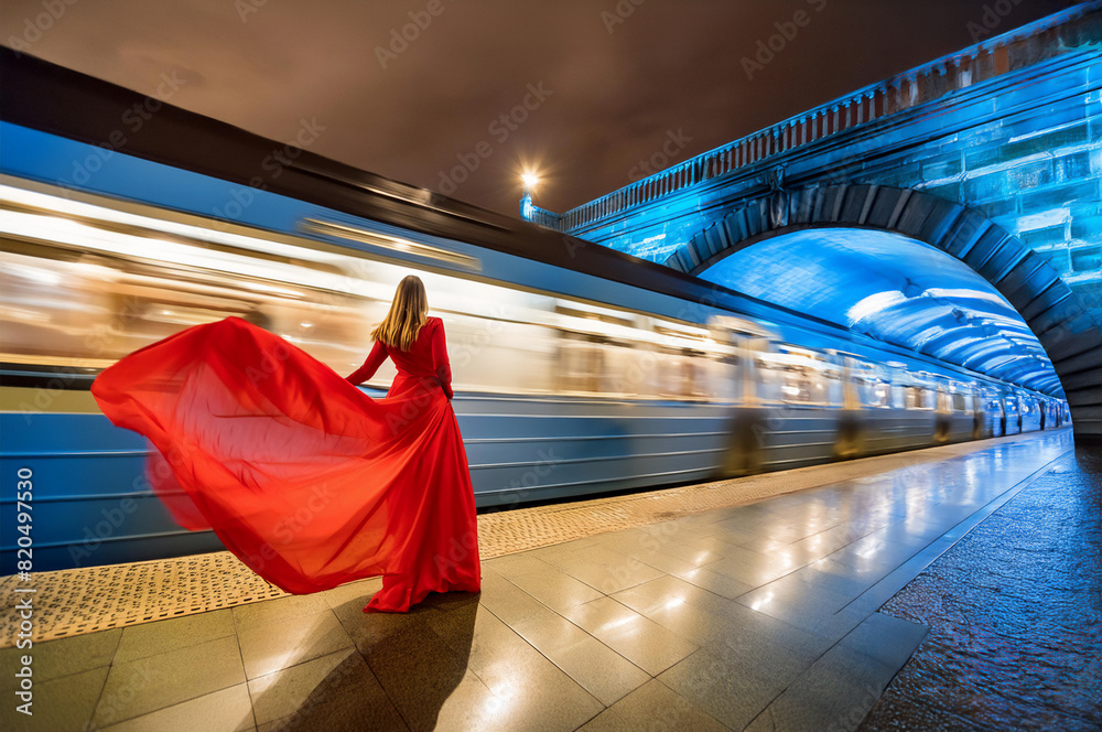 Young woman with blonde hair wearing long red dress, on train platform ...