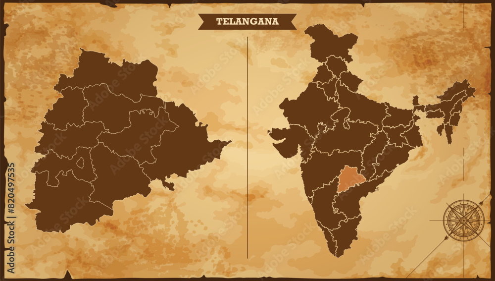 Telangana state map, India map with federal states in A vintage map ...