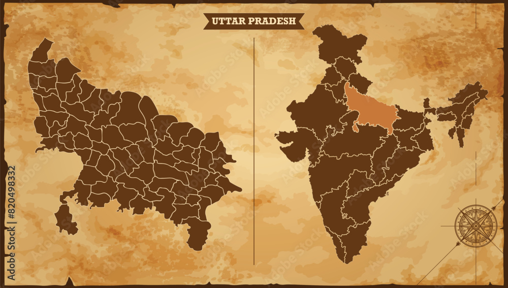 Uttar Pradesh state map, India map with federal states in A vintage map ...