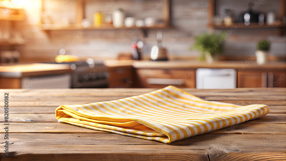 napkin on a bright rustic wooden table against abstract blurred ...