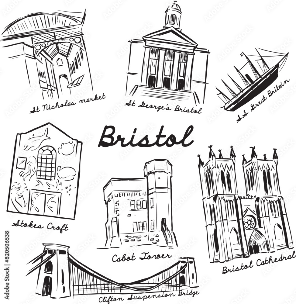 Bristol landmarks illustration. Architecture buildings sketches. St ...