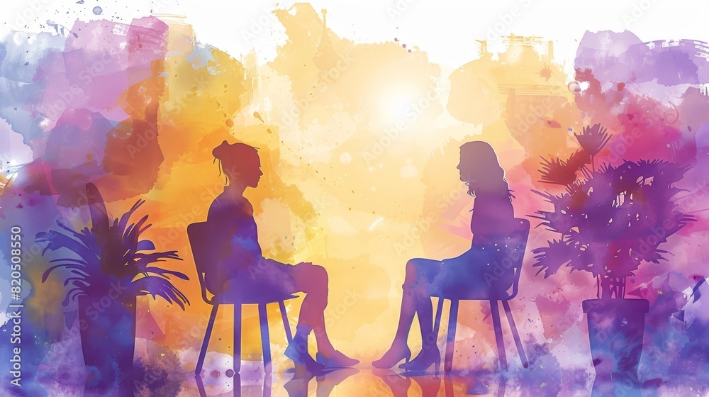 The image is a watercolor painting of two people sitting on chairs ...