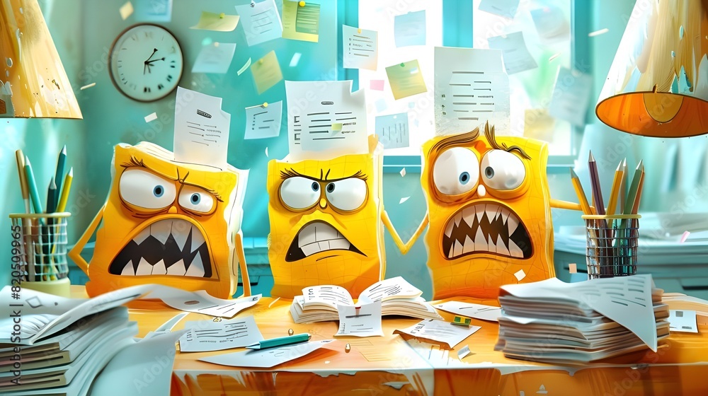 Humorous cartoon of anthropomorphic paperwork stack of fliles on desk ...