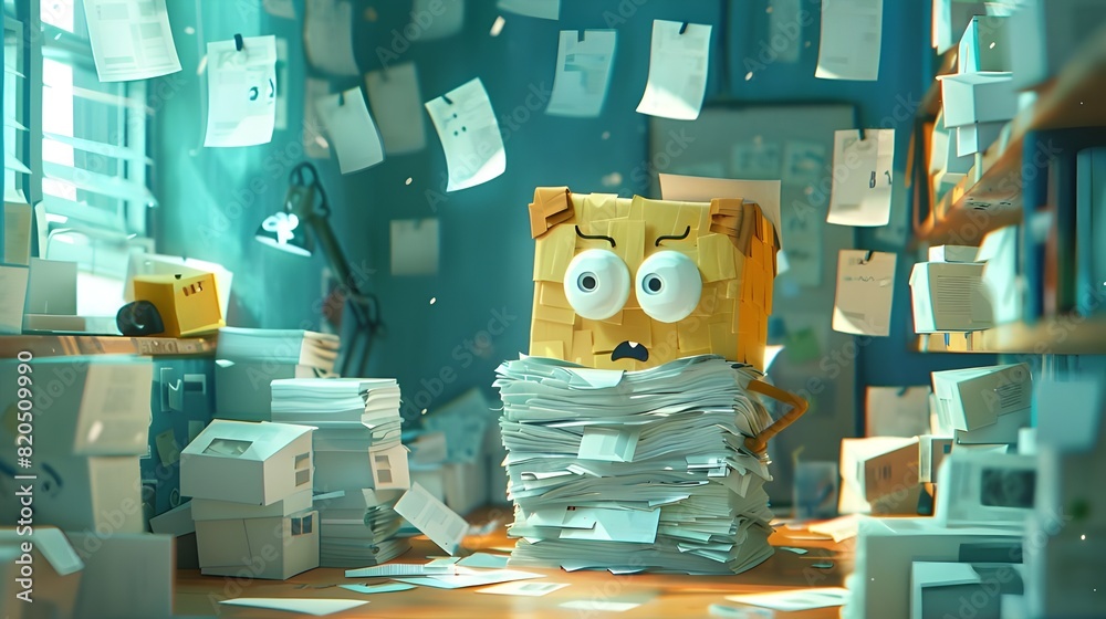 Humorous cartoon of anthropomorphic paperwork stack of fliles on desk ...