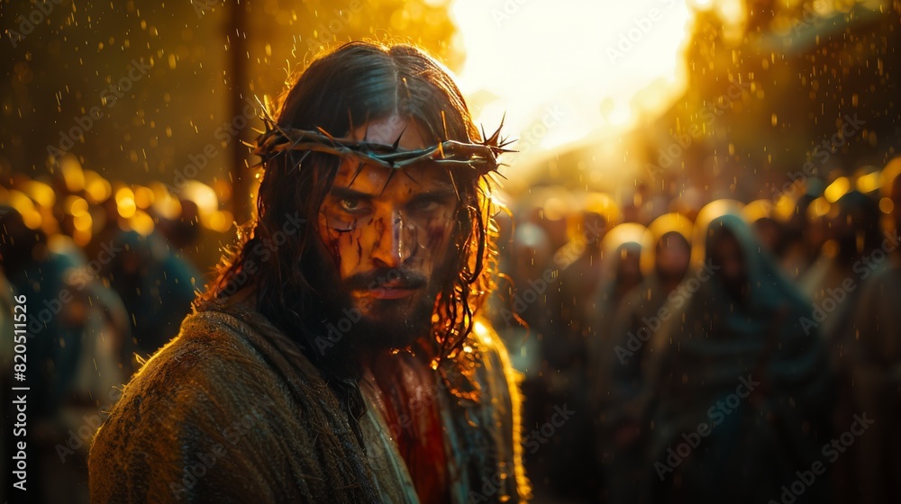 front wide view of Jesus Christ with crown of thorns, Jesus Christ with ...