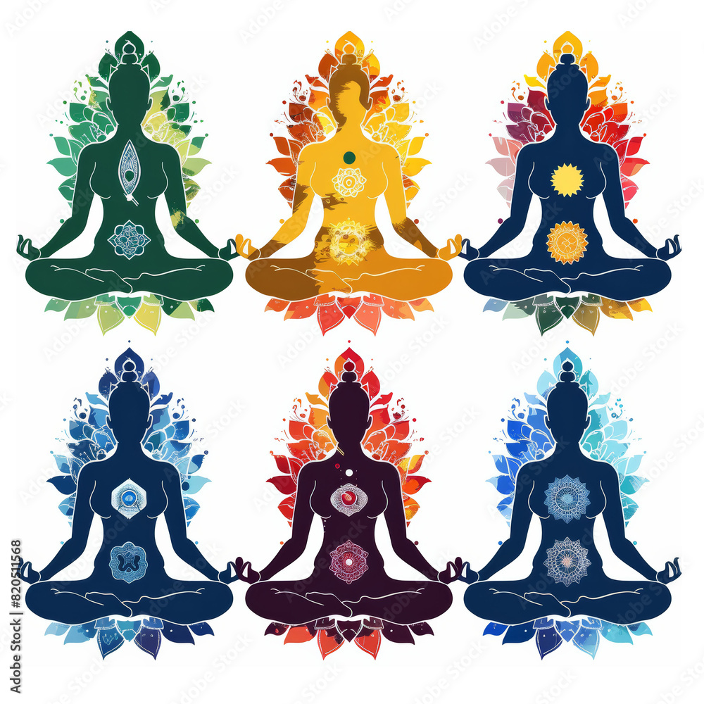 Collection of six colorful chakra silhouettes meditating, each ...