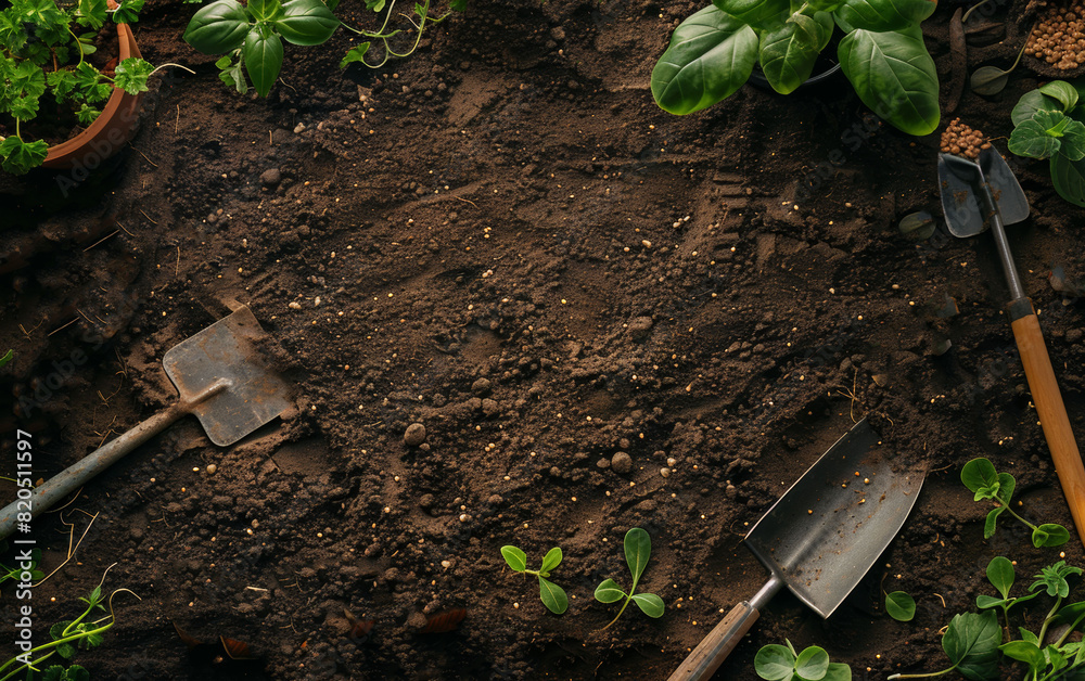 Top view of gardening tools and seeds scattered on dark, fertile soil ...