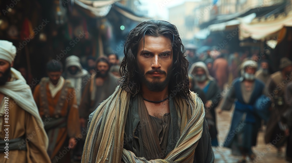 Jesus walking the streets of Jerusalem. biblical cinematic scene ...