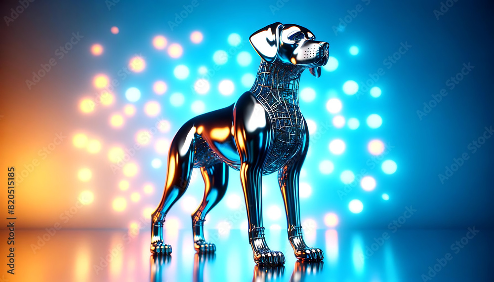 Full body image of a metal dog The dog has a reflective surface. The ...