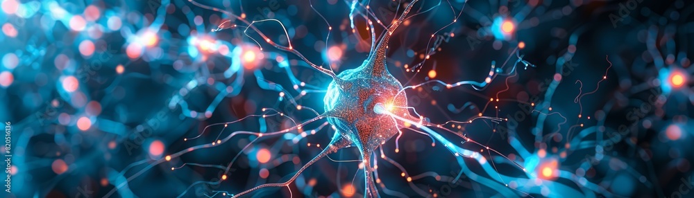 The image shows a neuron, which is a type of nerve cell that transmits ...