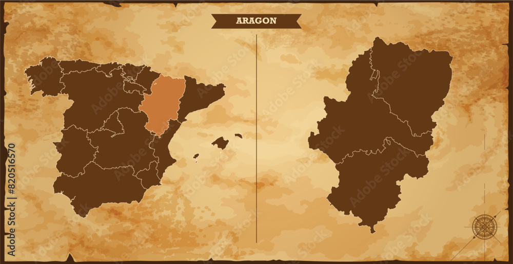 Aragon state map, Spain map with federal states in A vintage map based ...