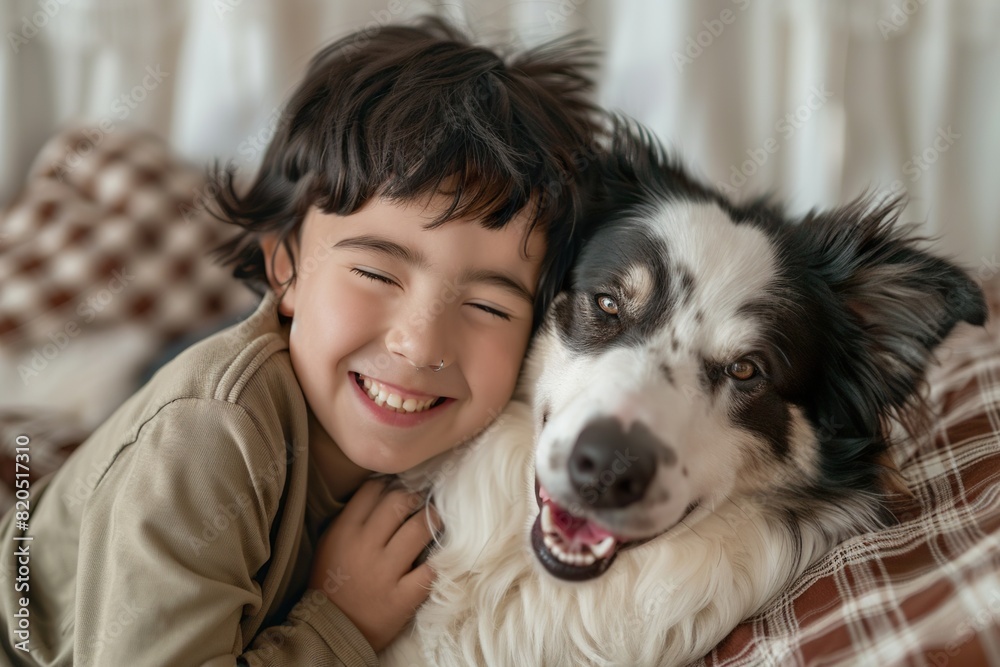 a young boy and his black and white dog snuggle on a bed, with the boy ...