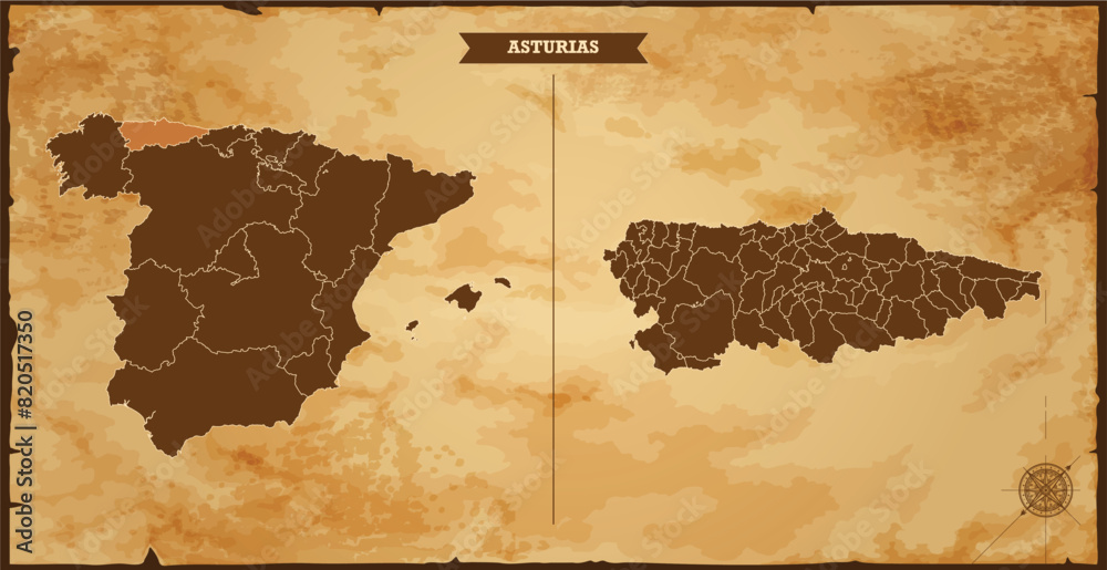Asturias state map, Spain map with federal states in A vintage map ...
