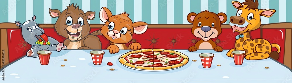 clip art of A family of cartoon animals sharing a large pizza at a ...