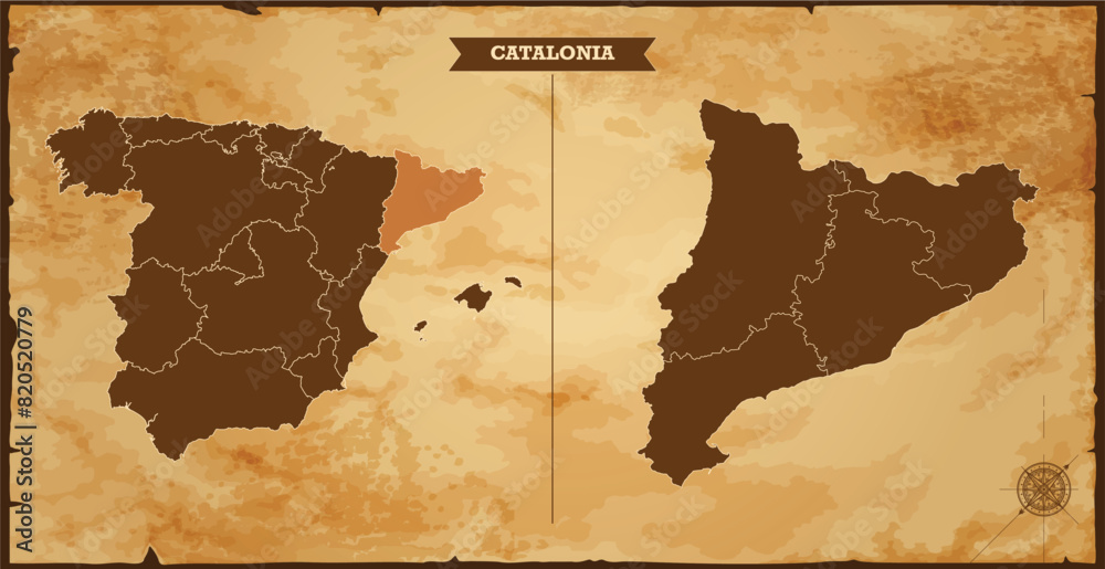 Catalonia state map, Spain map with federal states in A vintage map ...