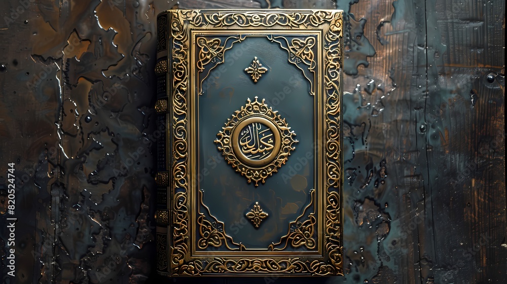 A golden Quran cover with embossed Arabic calligraphy, showcasing the ...