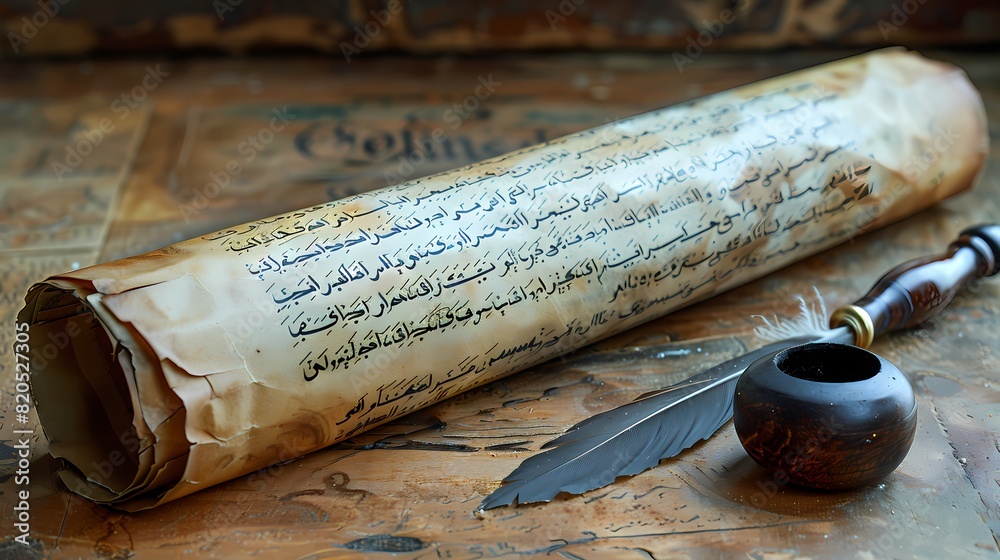 A Quranic verse written on a parchment scroll, with an antique inkwell ...