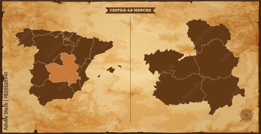 Castile–La Mancha state map, Spain map with federal states in A vintage ...