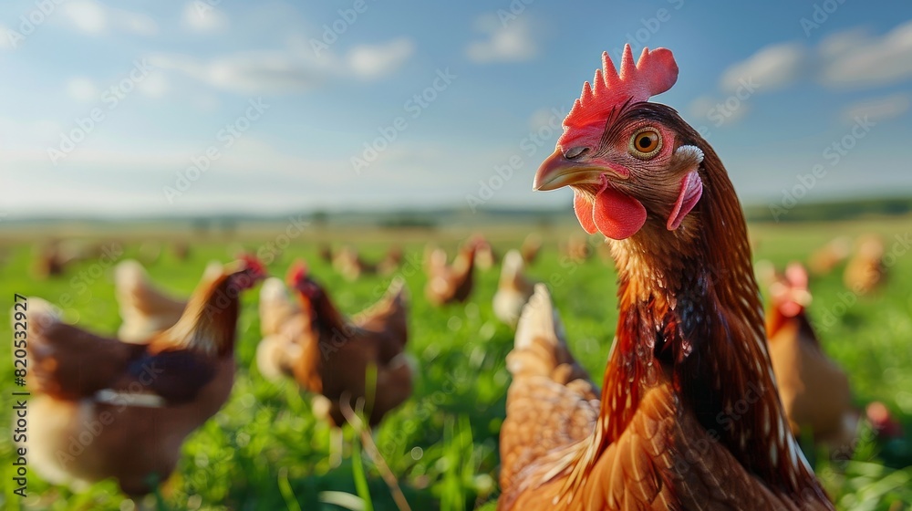 Happy chickens pecking in a well-maintained farm, clear blue sky ...