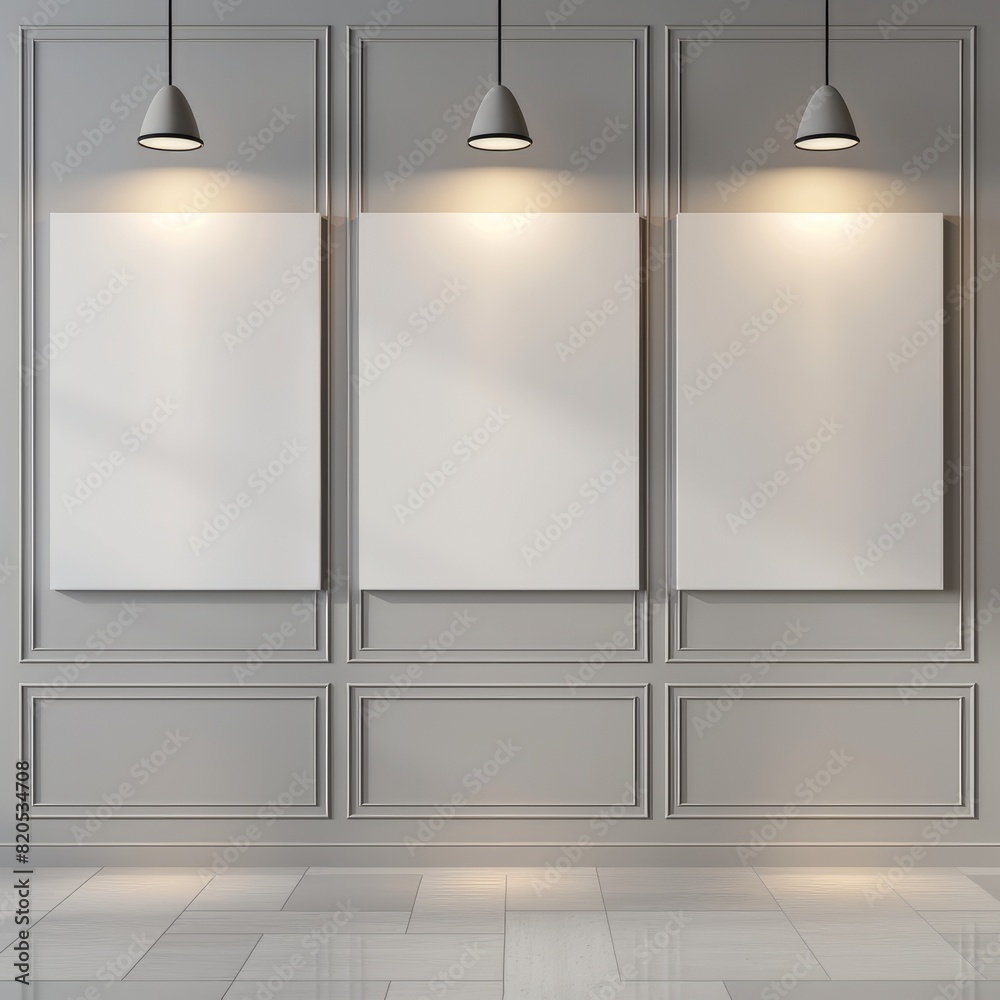 Three empty rectangular posters hang on the wall, illuminated by lamps ...