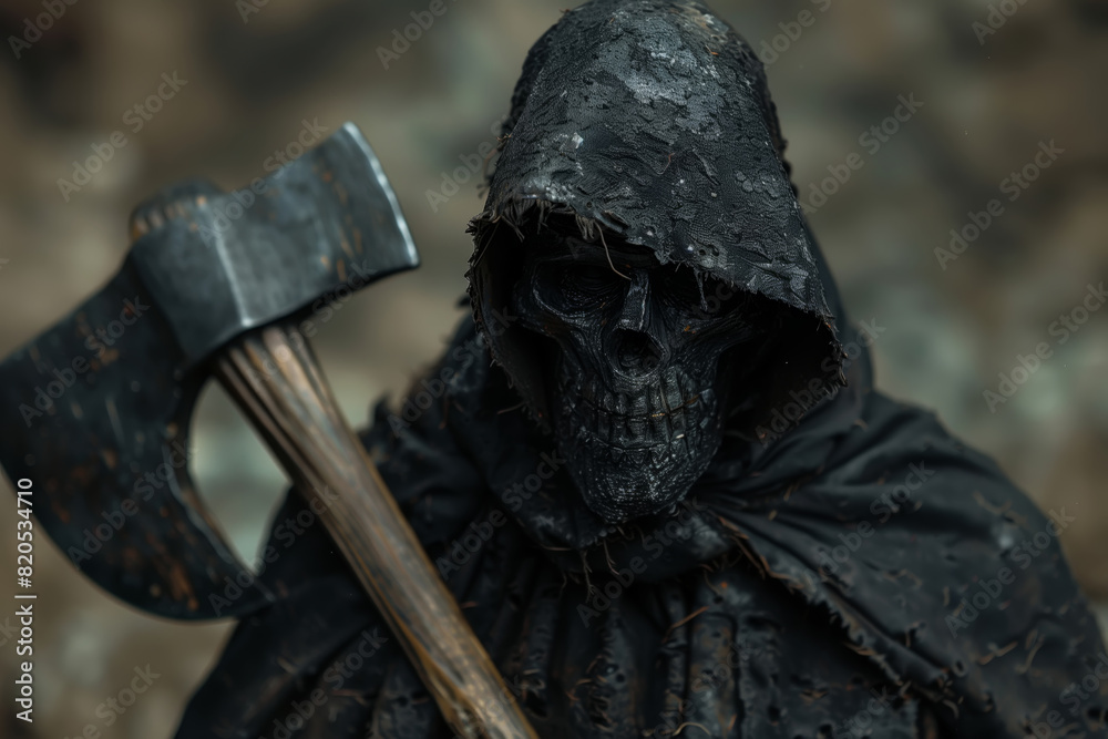 A medieval warrior executioner clad in skull mask in black cloak holds ...