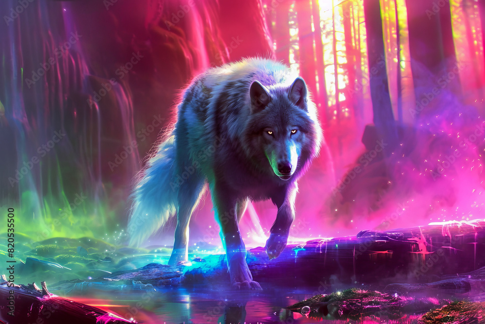 Neon Wolf in the Forest. Generated Image. A digital illustration of a ...