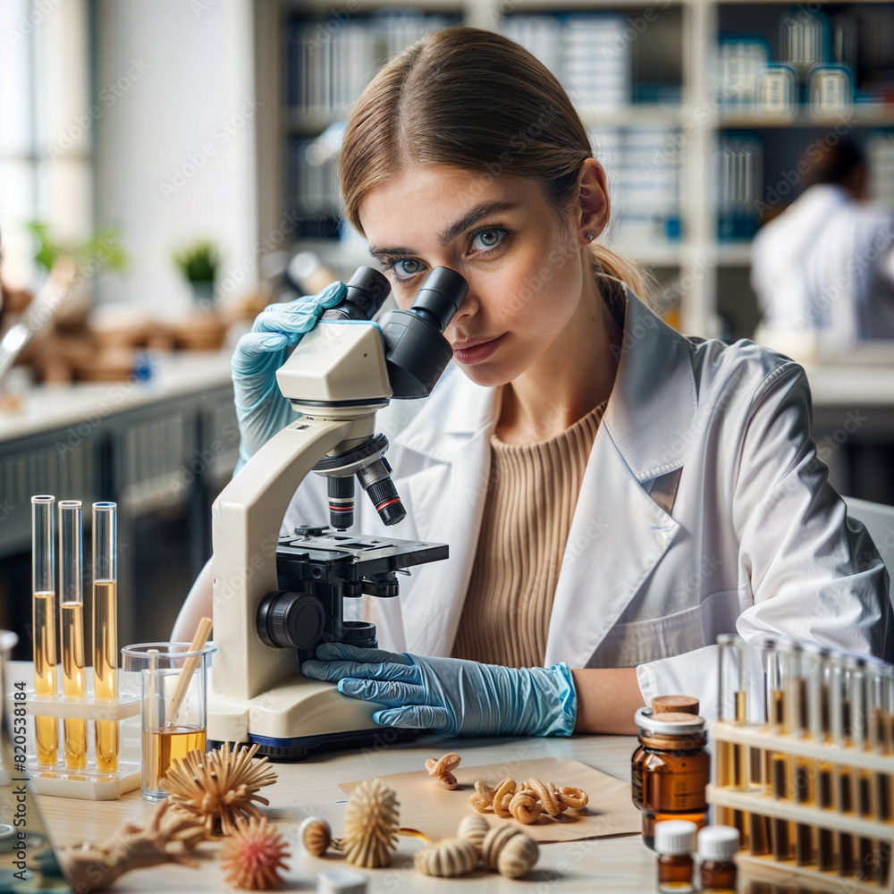 arafed woman in lab coat holding a syom in front of a microscope, in ...