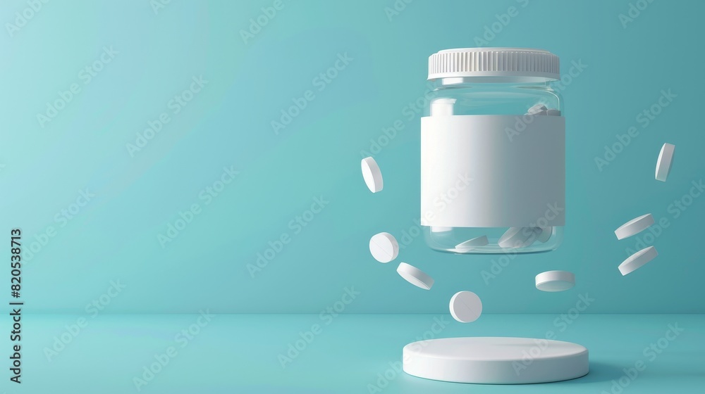 Pills jar with blank label, floating in mid-air, minimalistic design ...