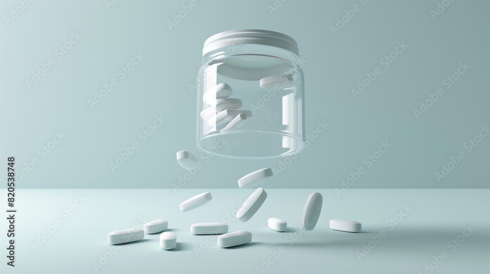 Pills jar with blank label, floating in mid-air, minimalistic design ...