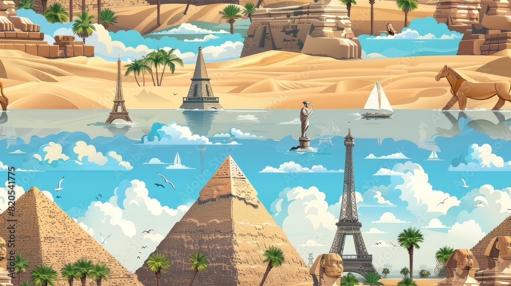 The image shows different landmarks around the world, such as the ...