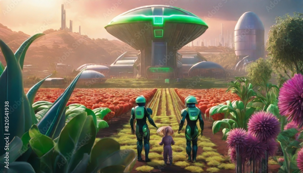 A family in spacesuits explores a vibrant extraterrestrial farm, with ...