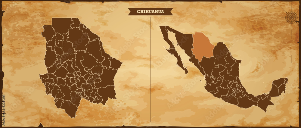 Chihuahua state map, Mexico map with federal states in A vintage map ...