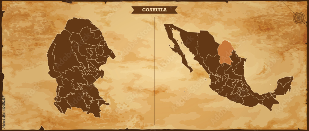 Coahuila state map, Mexico map with federal states in A vintage map ...