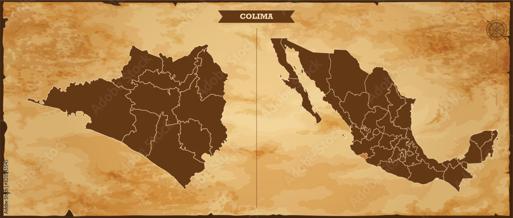 Colima state map, Mexico map with federal states in A vintage map based ...
