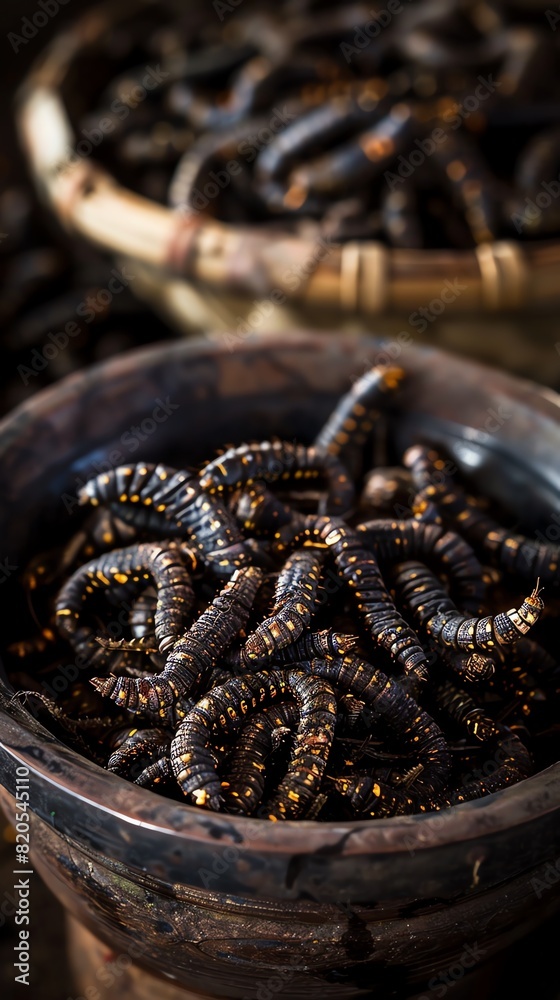 Mopane worms, dried and fried, served as a snack, local Zimbabwean ...