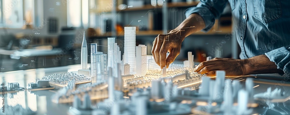 Architect designing cityscape model with illuminated buildings. Concept ...