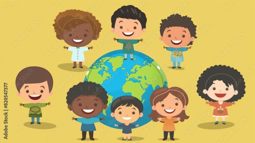 Cute earth model surrounded with happy multicultural children standing ...