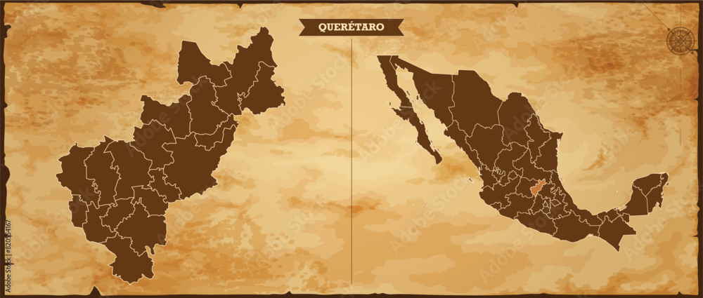 Querétaro state map, Mexico map with federal states in A vintage map ...
