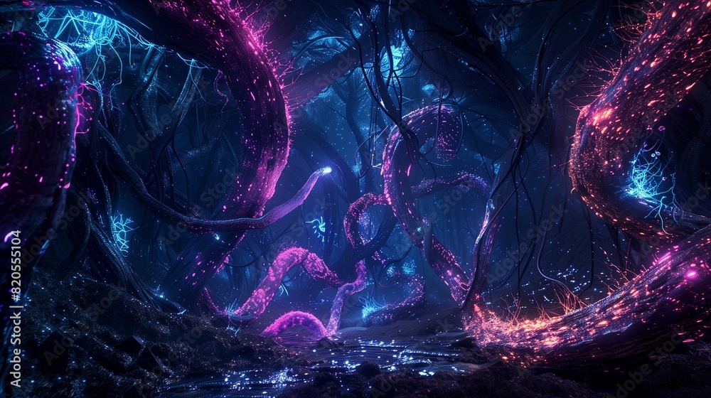 Chromatic, bioluminescent tendrils and filaments snaking and coiling ...