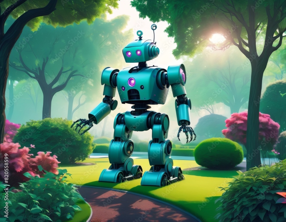 An animated, teal robot with a charming antenna stands amidst a lush ...